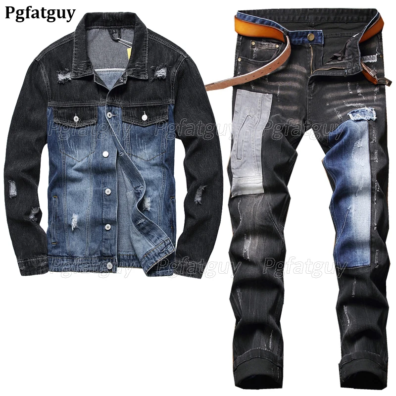 Cotton Denim Long Sleeve Jacket and Jeans Men's Sets Black Blue Ripped ...