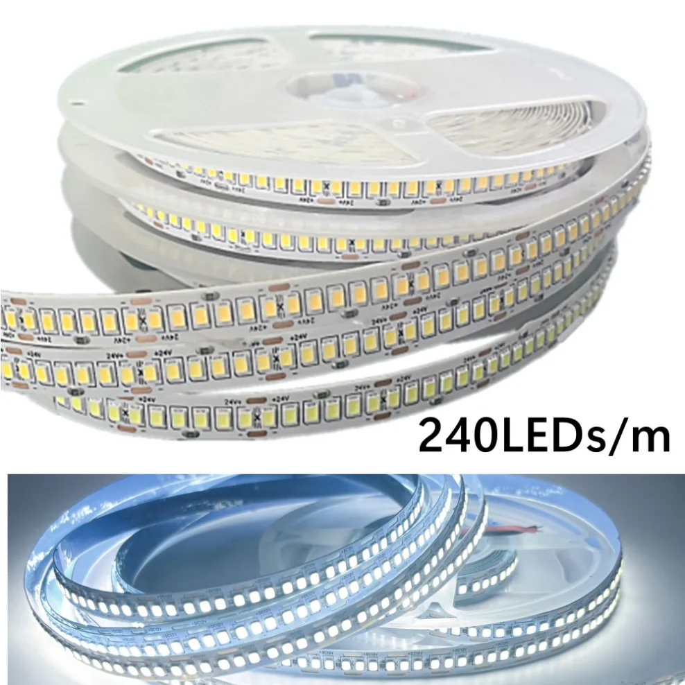 Tira de luces LED SMD 2835 de 5M, 10M, 240LEDs/M, 10MM, PCB DC12V 24V ...