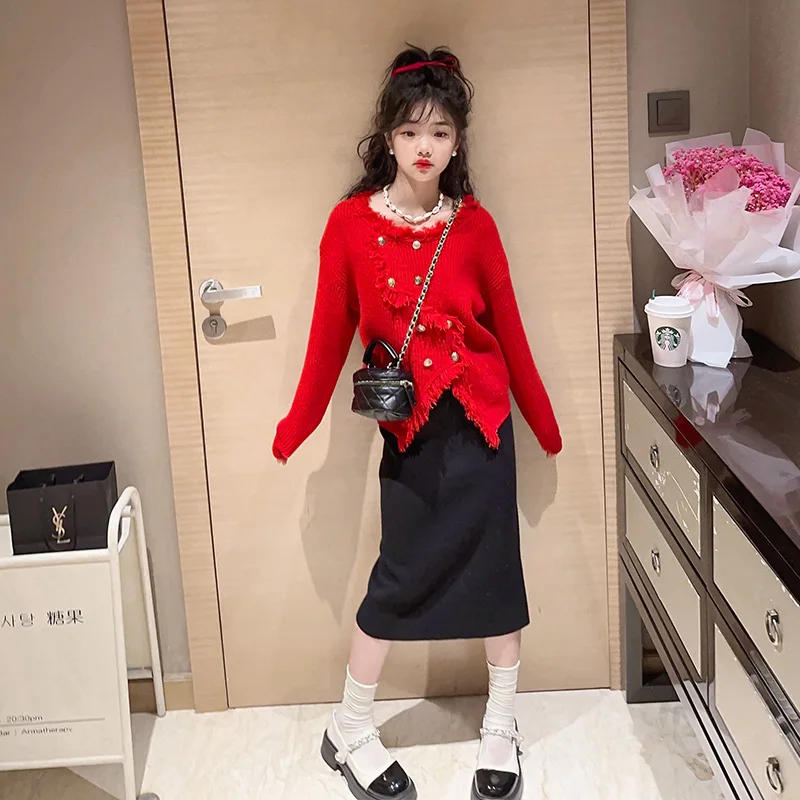 4-18Yrs-Teenage-Girls-Knitted-Outfits-Red-New-Year-Sweater-Knitwear-And ...