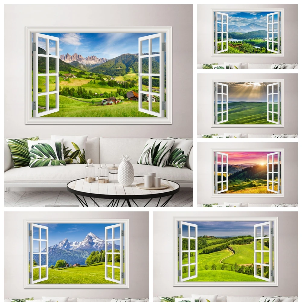 Nature-Landscape-3D-Fake-Window-Sticker-Green-Grassland-Mountain-Vinyl ...