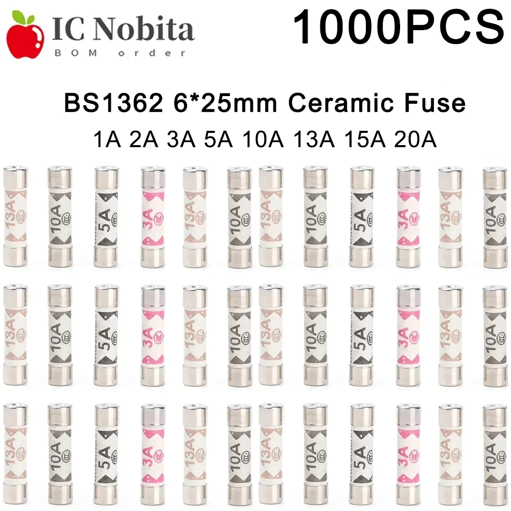 1000PCS BS1362 6x25mm Ceramic Fuse Sand-Filled Slow-Blow Anti-Arc ...
