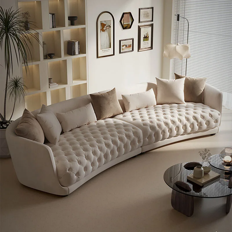 French-Curved-Fabric-Sofa-Living-Room-Designer-Retro-Cream-Moon-Surface ...