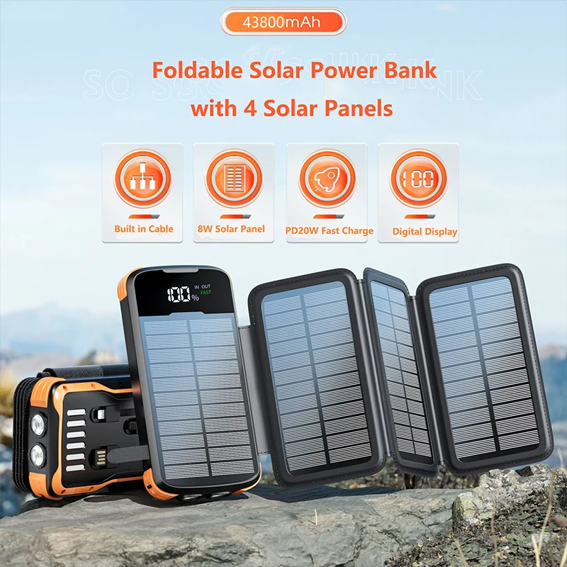 Folding-Solar-Power-Bank-43800mAh-with-4-Cables-Solar-Panel-PD-20W-Fast ...