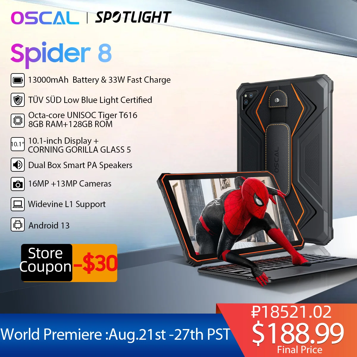 OSCAL Spider 8 Rugged Tablets Android 13 10.1‘’ FHD Display T616 16GB ...