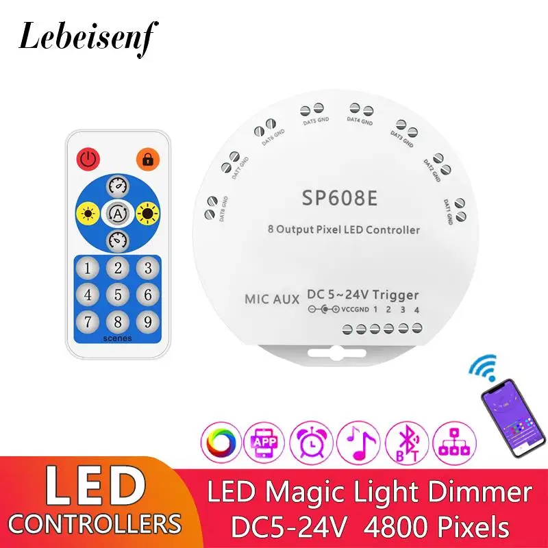 SP608E 8 Output 4800 Pixel LED Dimmer Bluetooth Music Controller for ...