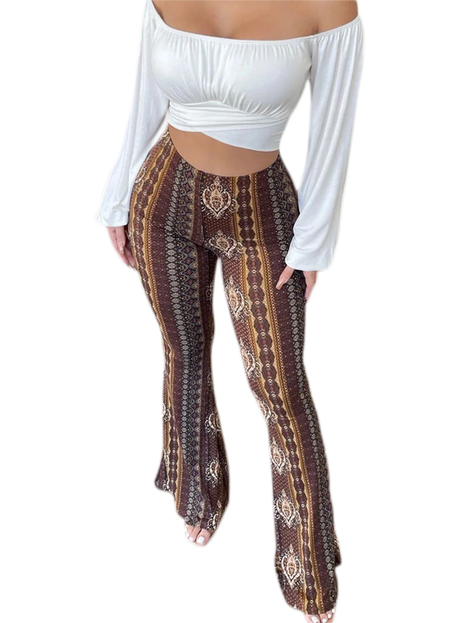 Frauen Boho Flare Pants Ethnic Tribal Print Bell Bottom Yoga Palazzo ...