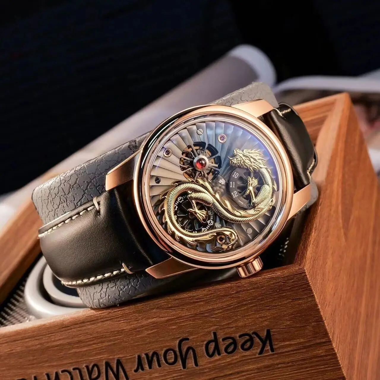 OBLVLO-New-Design-Dragon-Dial-Leather-Mechanical-Automatic-Watch-Double ...