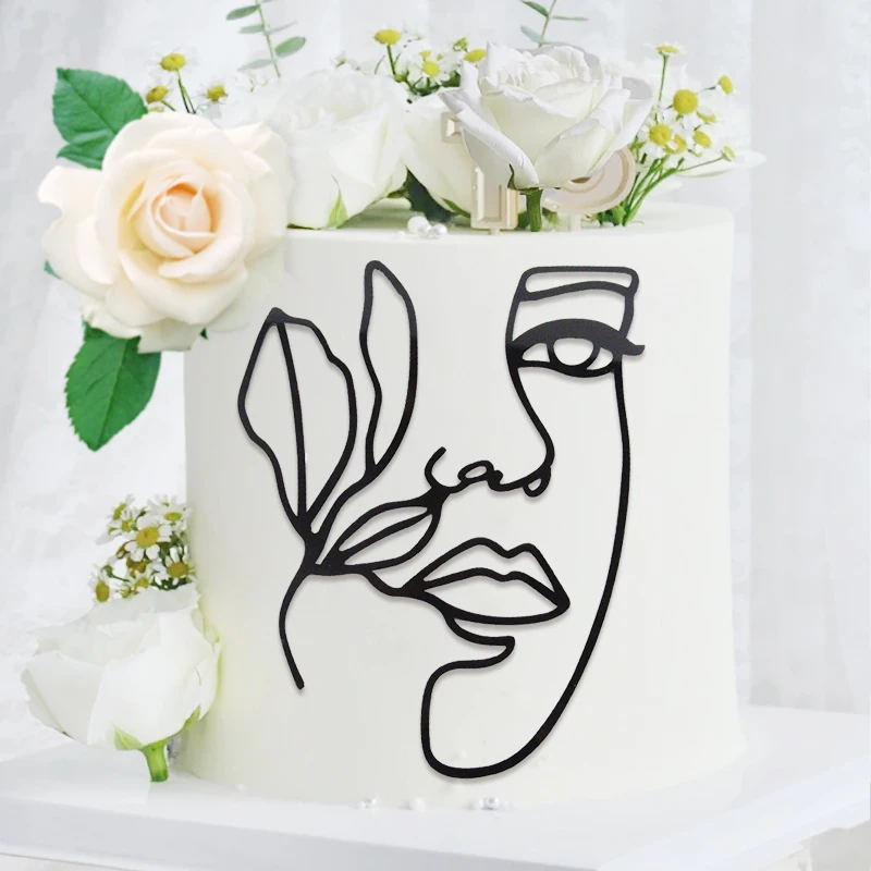 Acrylic-Minimalist-Art-Lady-Face-Cake-Topper-Black-Gold-Abstract-Woman ...