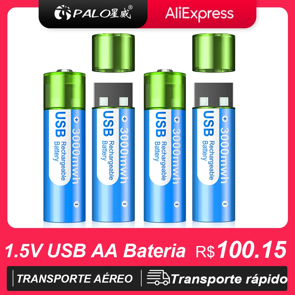 Baterias de Lítio Recarregáveis PALO com Caixa, Bateria Li ion, 3000 mAh, 1.5V, AA, HR6, 2A ...