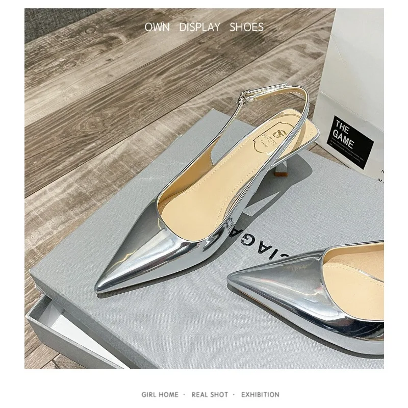 Shiny-High-Heels-Slingback-Silver-Women-Pumps-Metallic-Crystal-Sandals ...