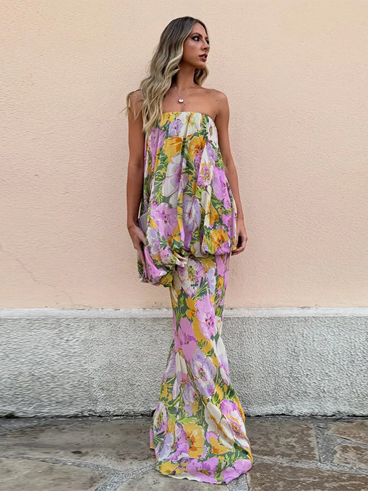 Women's Strapless Summer Floral Print Maxi Dress Flowy Elegant Party ...