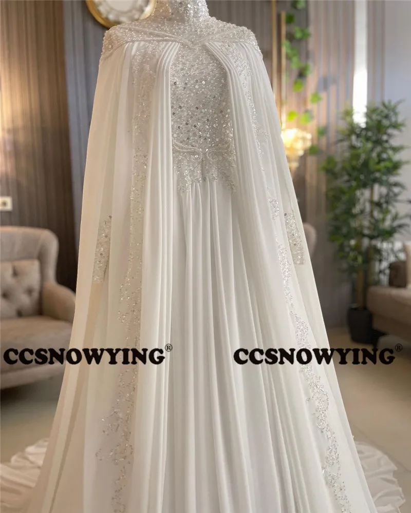 Chiffon Sequins Pearls Muslim Wedding Dress with Cape Long Sleeve Hijab ...