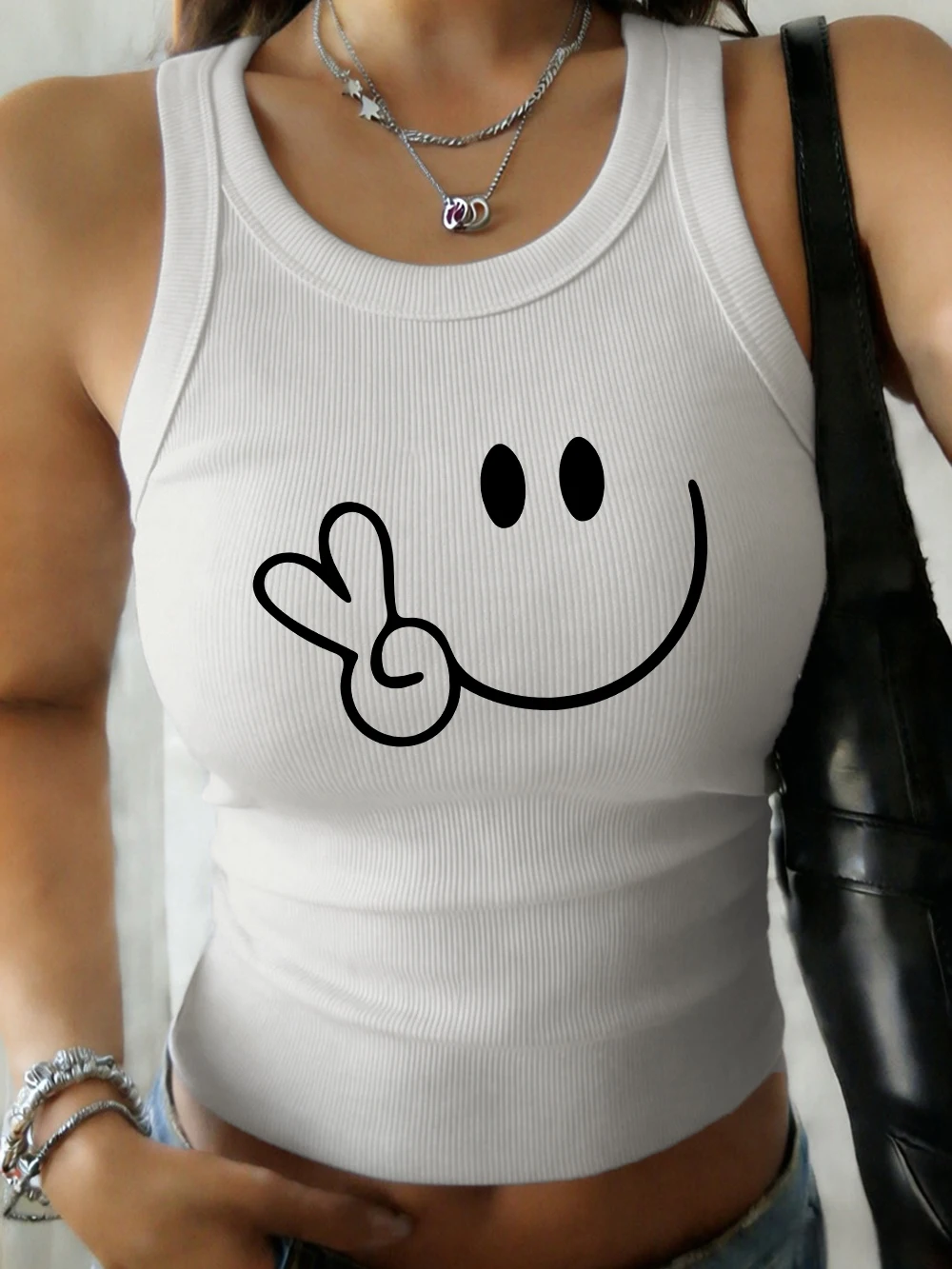 Scissor Hand Smile Printing Womens Basic Elastic Tank Tops Summer ...