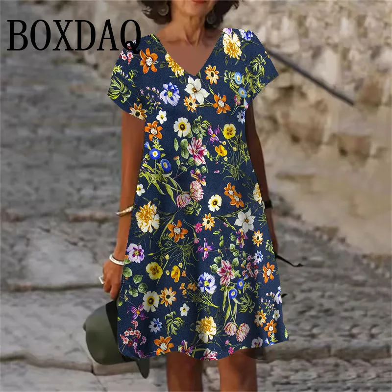 Plant Flowers Pattern Dresses Summer Women Clothing Fashion Plus Size ...