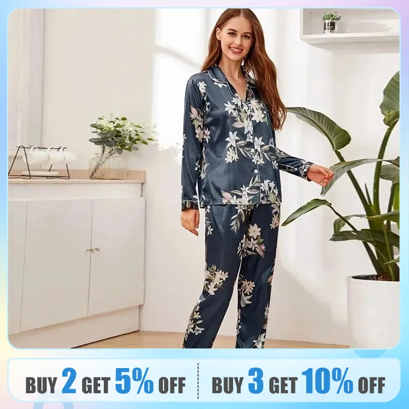 Autumn-Pajama-Women-Silk-Satin-Pajamas-Set-Long-Sleeve-Tops-and-Trouser ...