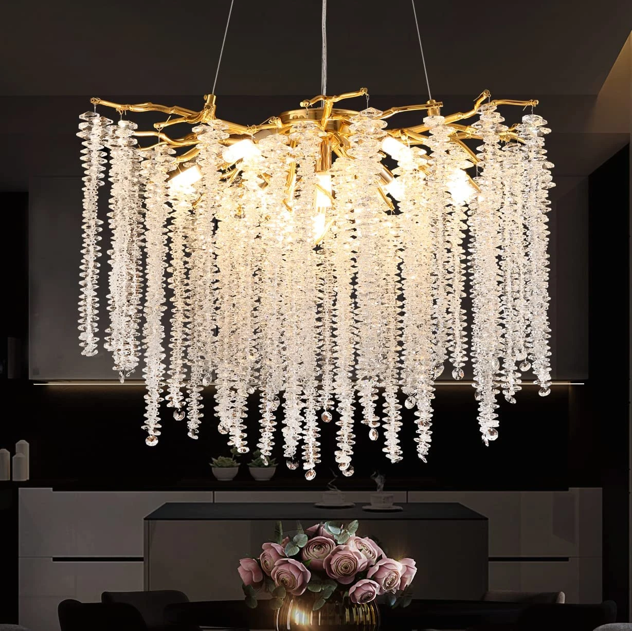Large Crystal Pendant Lamp for Dining Room Rectangle Hanging Lights ...