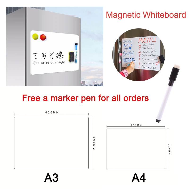 A3 A4 Size Magnetic Whiteboard Dry Erase White Boards Soft Home Office ...