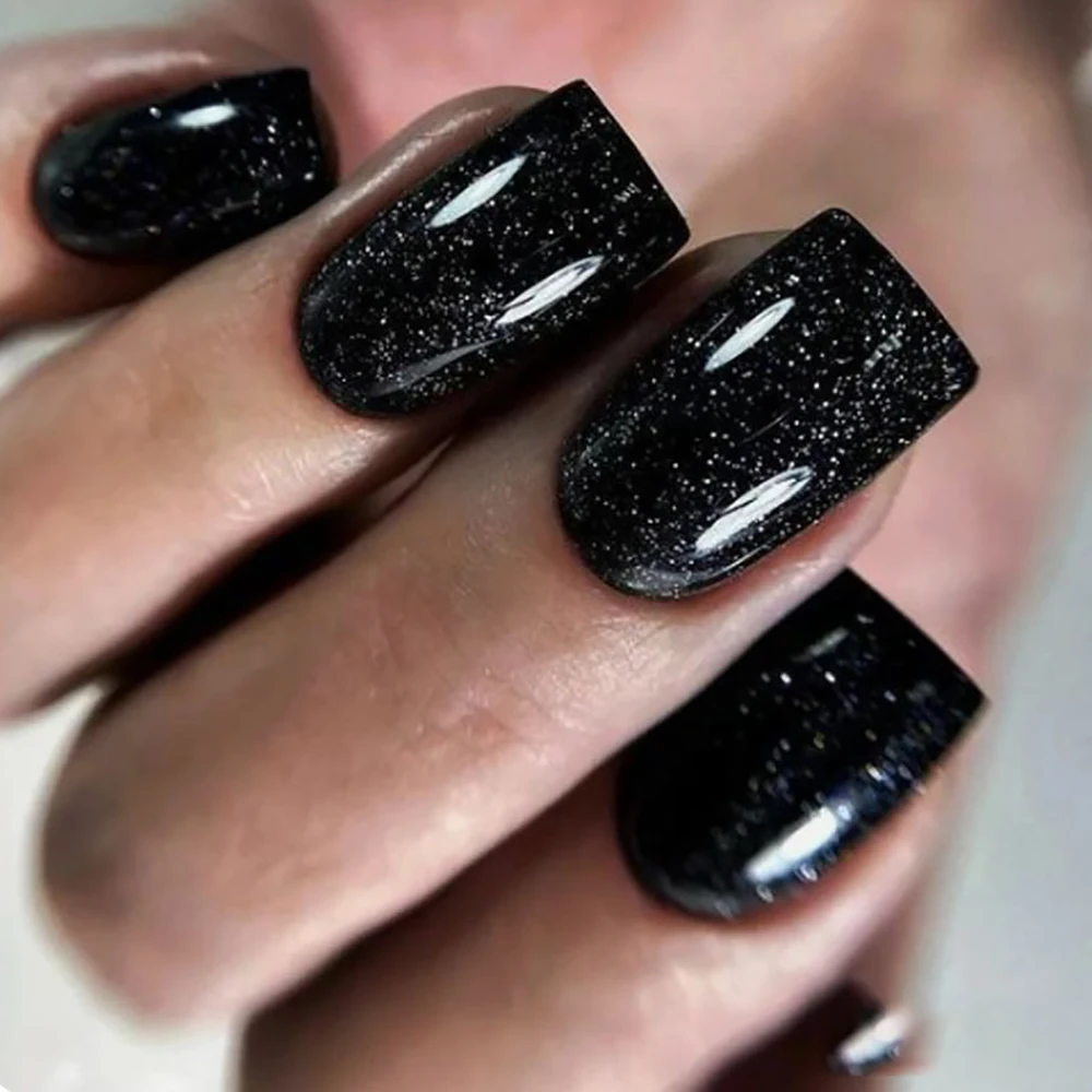 24pcs-set-short-fake-nails-for-women-girls-sparkling-glitter-black-red ...