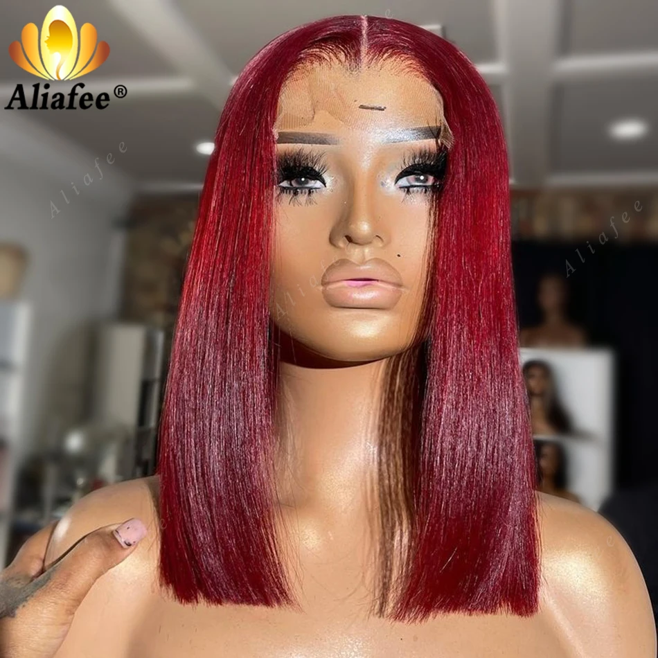 Wine-Red-99J-Color-Short-Bob-Human-Hair-Transparent-180-Density-Full ...