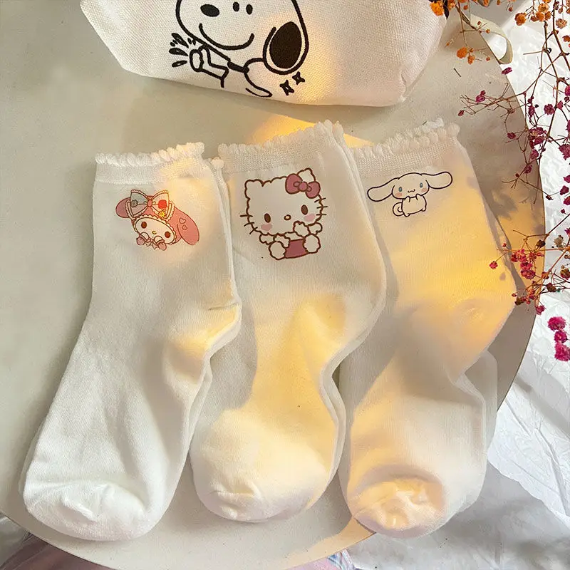 Hello Kitty Socks Sanrio White Cartoon Cotton Mid calf Cinnamoroll ...