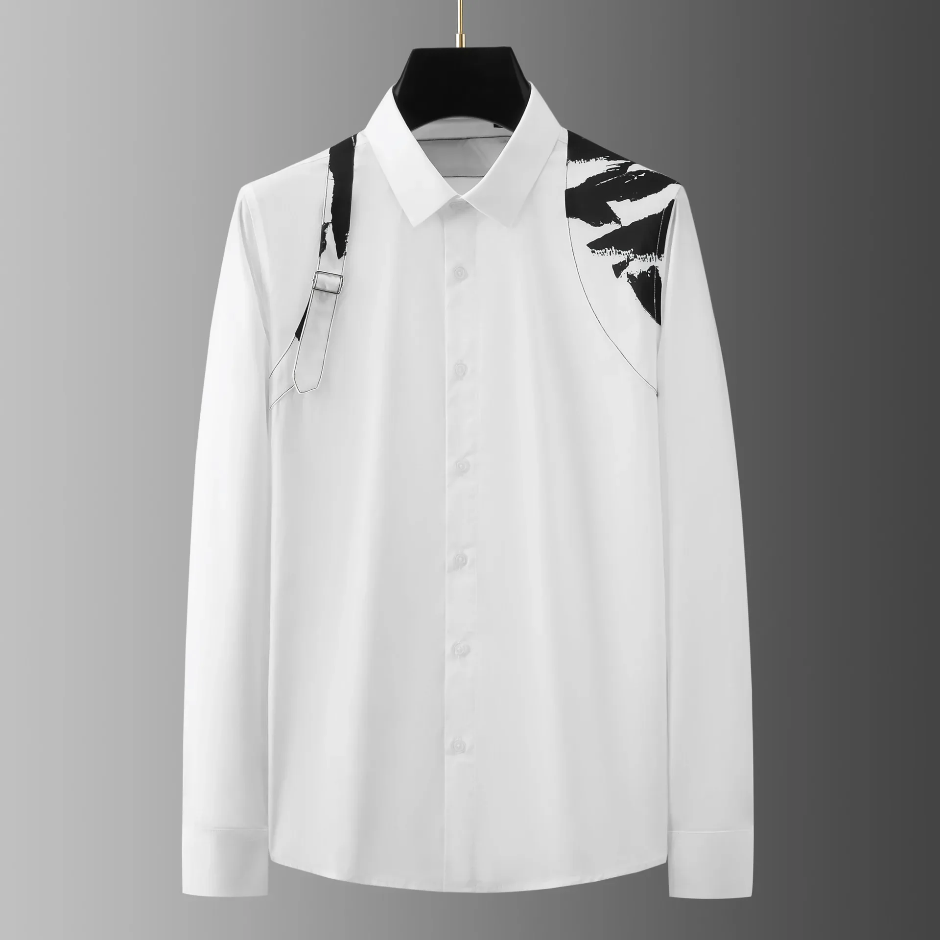 Luxury Metal Buckle Shoulder Strap Men's Long-sleeved Shirt Slim Casual ...
