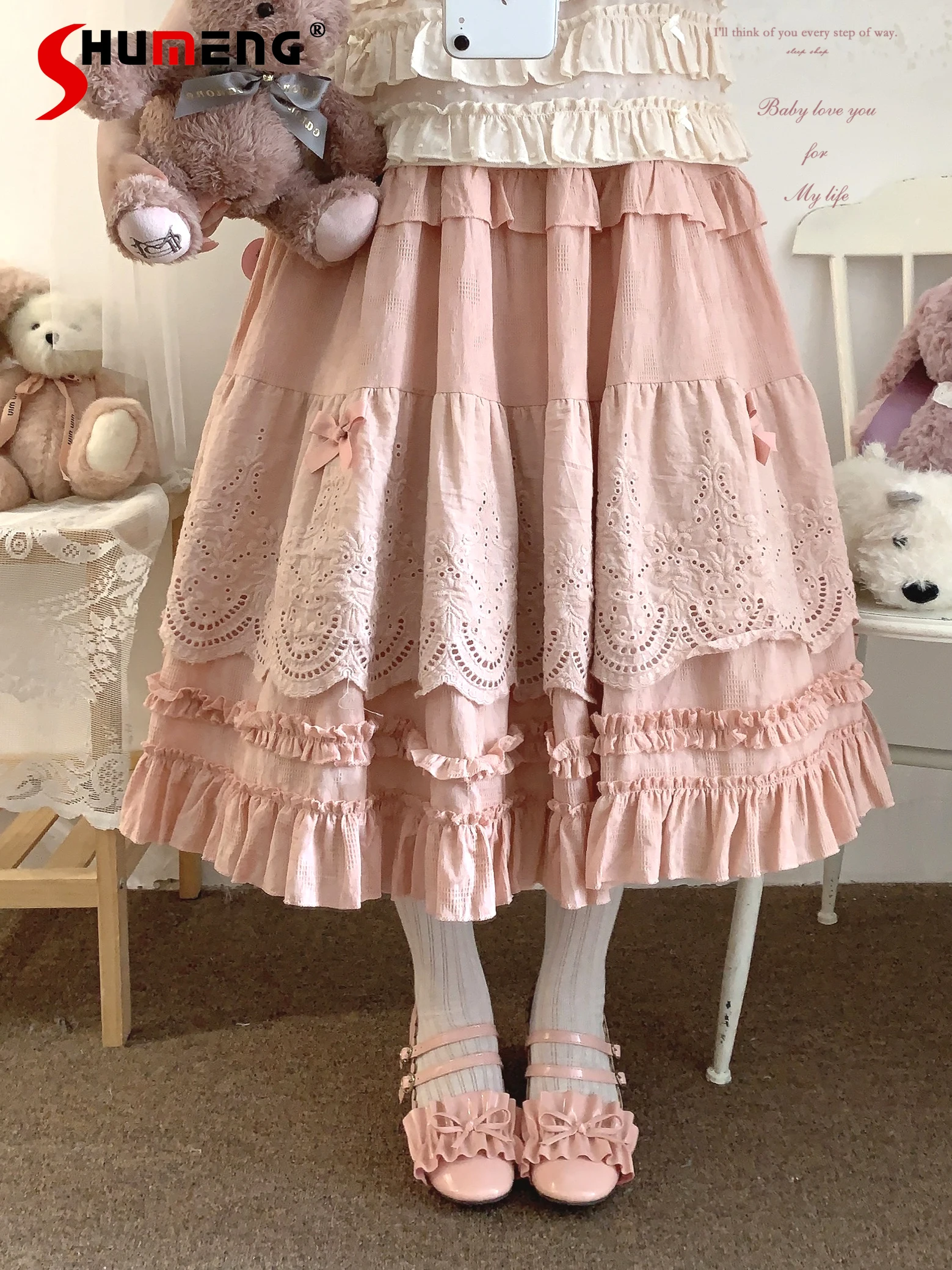 Japanese-Mori-Artistic-Style-Embroidered-Lace-Bow-Ruffled-Elastic-High ...