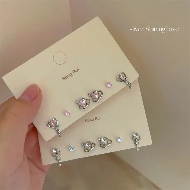 S925 실버 니들 스위트 하트 스타 스터드 귀걸이 세트 여성 여아용 새로운 패션 심플한 섬세한 하트 귀걸이 쥬얼리 선물