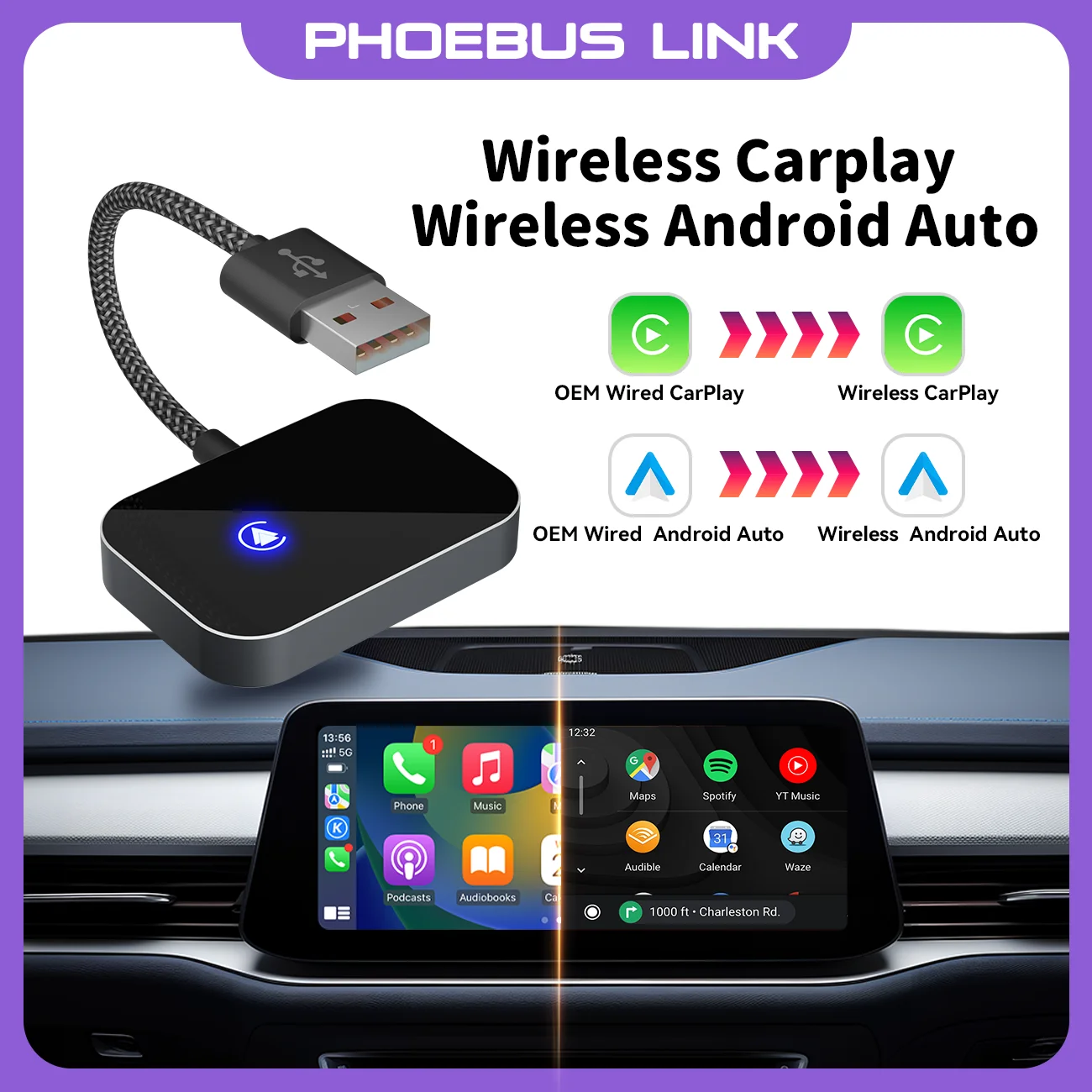 Phoebus Link 2 in 1 Mini Wired to Wireless Car CarPlay Adapter Smart ...
