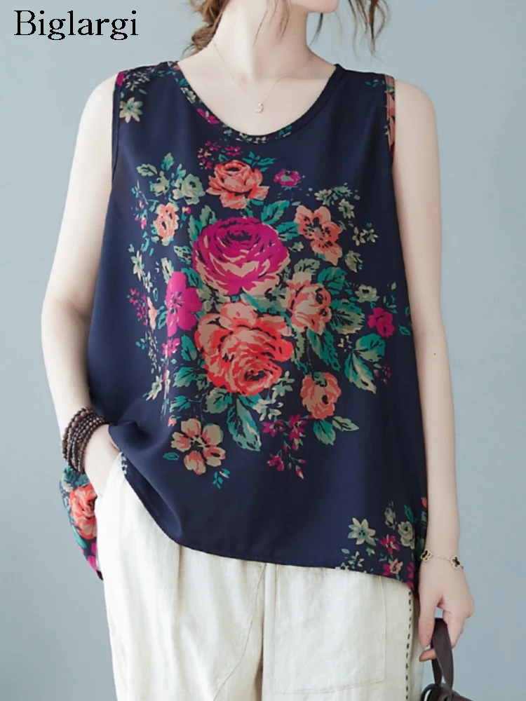 Oversized-Summer-Flower-Floral-Print-Sleeveless-Vest-Tops-Women-Casual ...