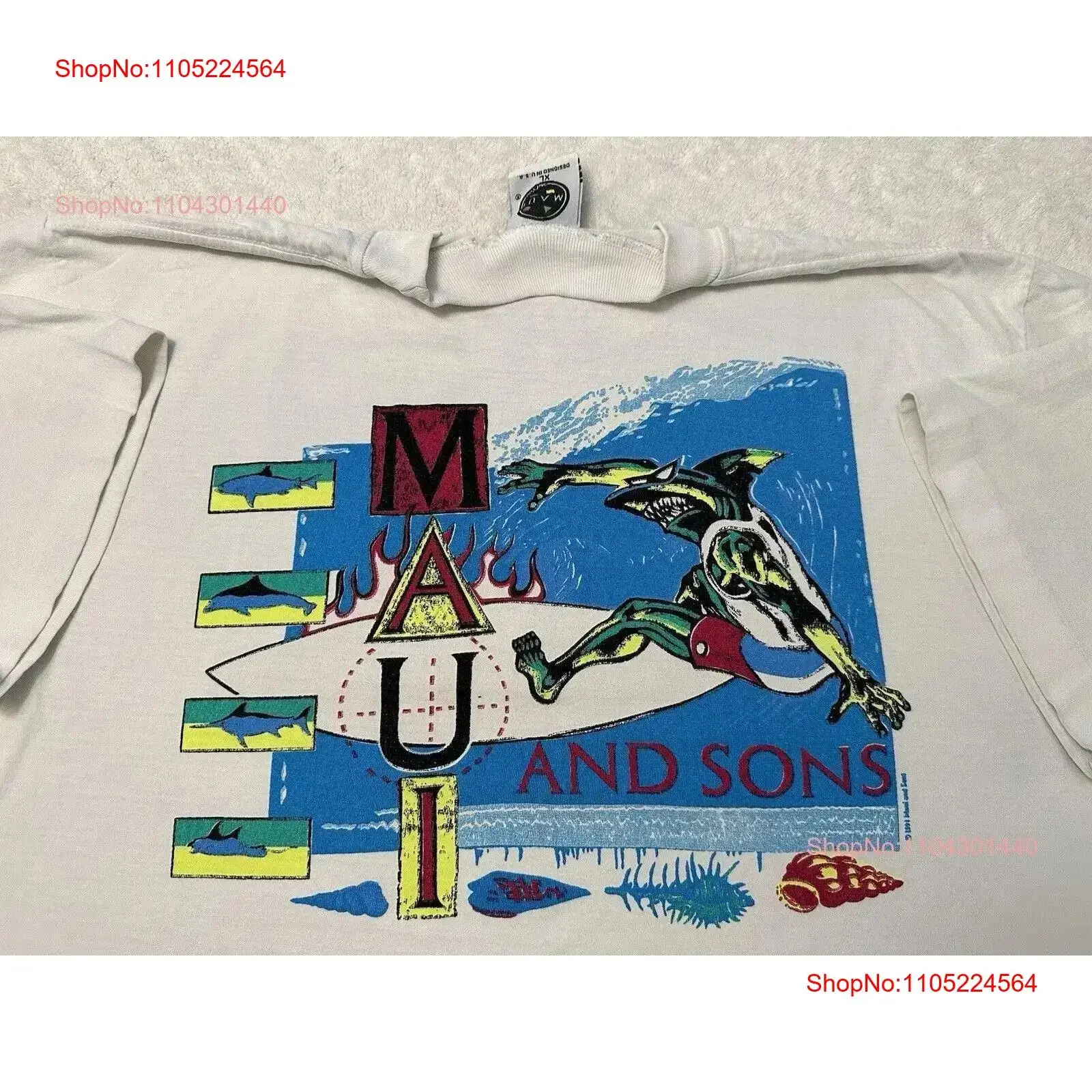 Vintage 1990s 90s Maui and Sons Neon Shark Wave Rider Surf Surfer Art T ...