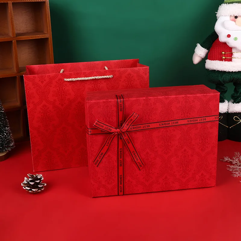 Large Red Christmas Themed Gift Box with Bow Tie Rectangular Holiday ...