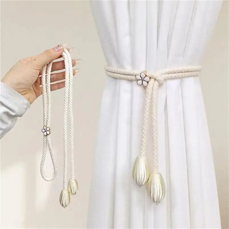 2 adjustable hand braided curtain fasteners with small metal drapes ...