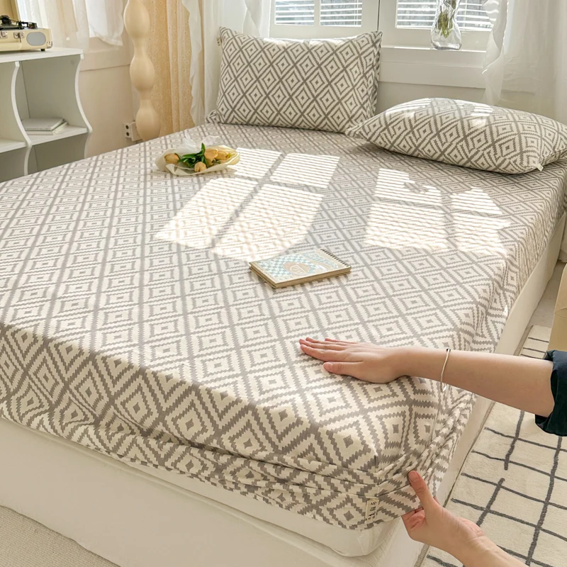 Soft-Bed-Cover-100-Cotton-Bed-Sheets-Elastic-Fitted-Sheet-Geometric ...