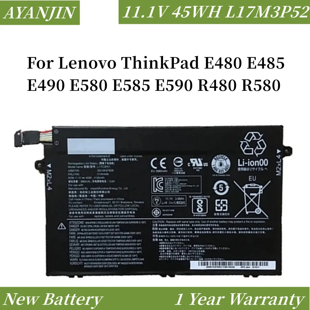 L17M3P52 45WH Laptop Battery for Lenovo ThinkPad E480 E485 E490 E580 E585 E590 R480 R580 ...