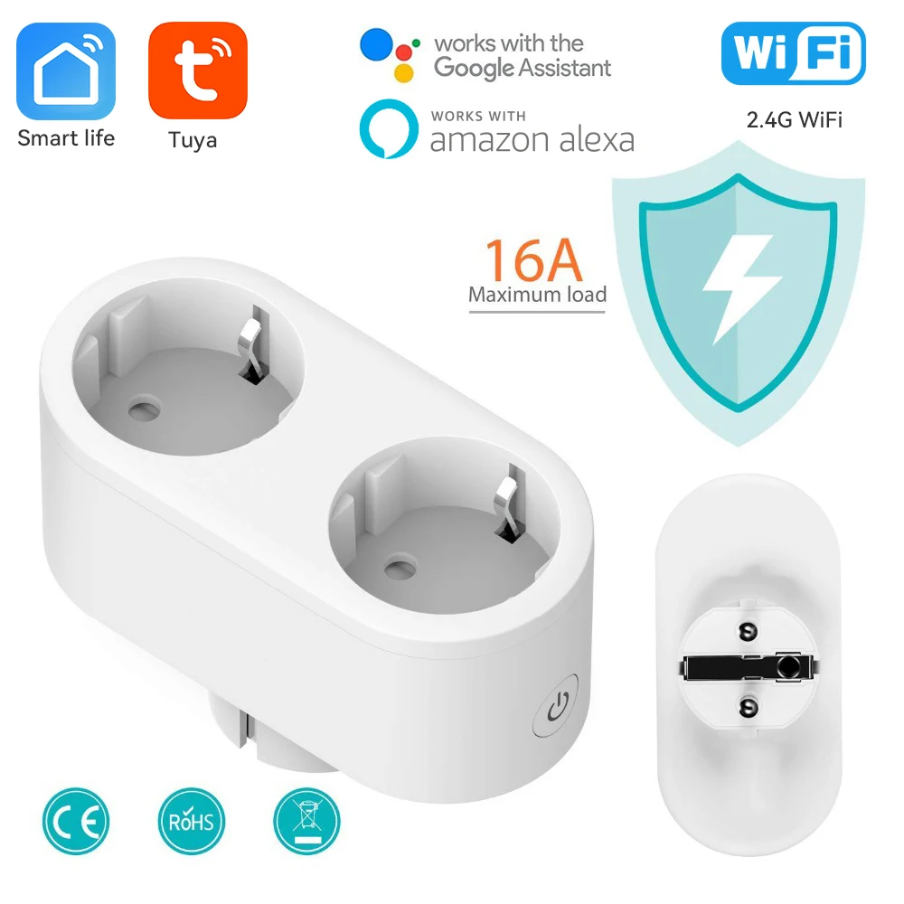 16A Tuya WiFi Dual Socket Switch 2 In 1 Smart EU Plug Smart Life APP ...