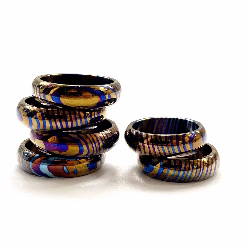 Titanium-Alloy-Blue-EDC-Damascus-High-end-Metal-Ring-Pendant-Scratch ...