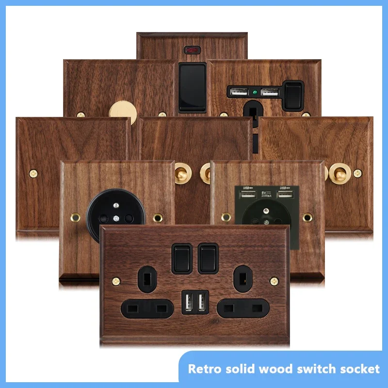 Black-Walnut-Wood-Toggle-Light-Switch-Home-retro-Brass-Panel-FR-UK ...