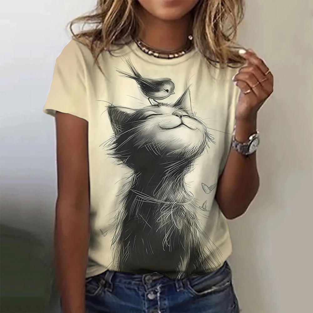New-Kawaii-Cat-Print-T-shirt-For-Women-Plus-Size-Top-2024-Summer-Women ...