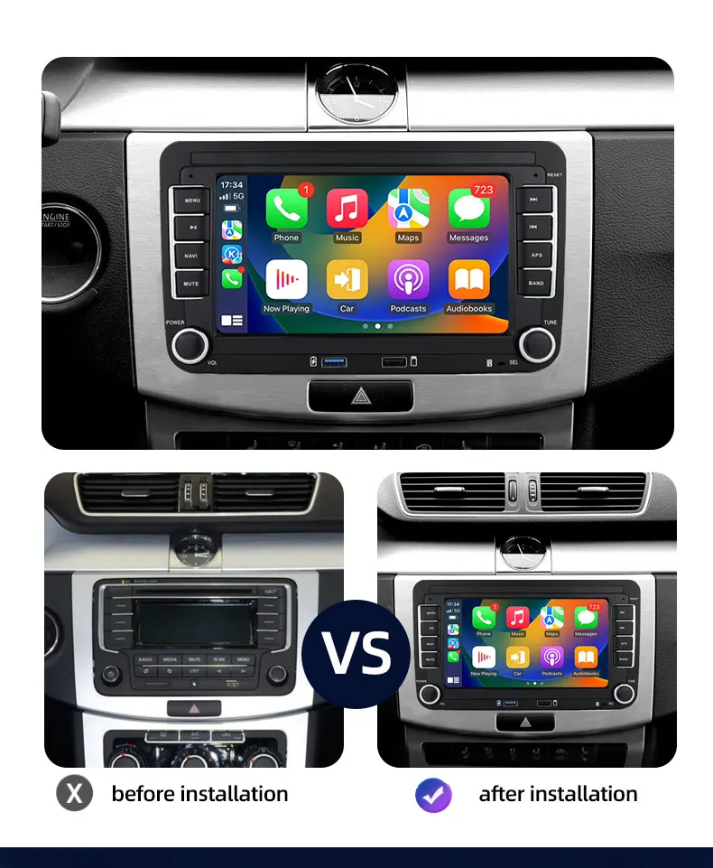 2 Din Android Car Radio Gps 4g Wifi Dsp Carplay For Vw / Volkswagen ...
