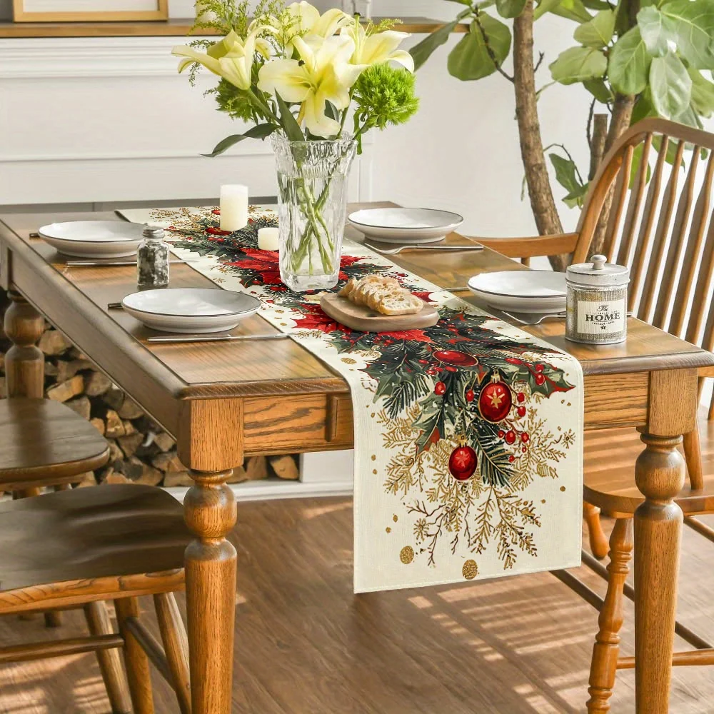 1pc Christmas Table Runner, Poinsettia, Holly & Bauble Design for ...