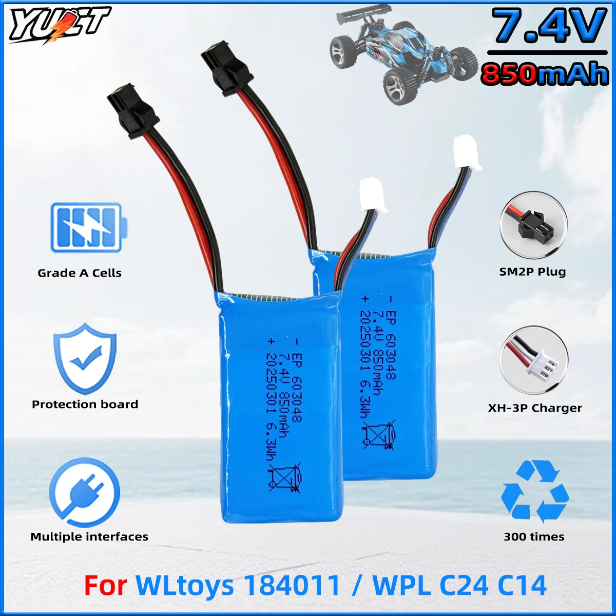 WLtoys 184011 오리지널 배터리 7.4V 850mAh SM2P 플러그 2S 리포 배터리 WPL C24 C14 RC ...