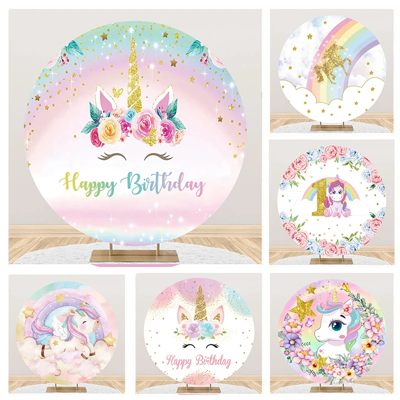 Laeacco-Unicorn-Round-Backdrop-Cartoon-Unicorn-Floral-Rainbow-Glitter ...