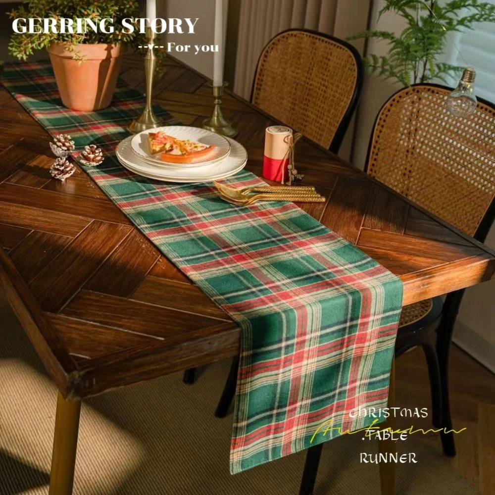 Gerring-Christmas-Red-Plaid-Table-Flag-Tarn-Dyed-Green-Table-Runner-For ...