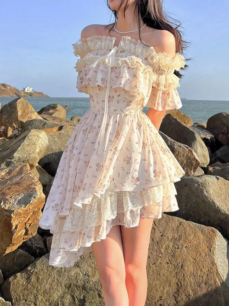 Summer-Lace-Print-Sweet-Strap-Dress-Women-Irregular-Ruffle-Flounce-Cute ...