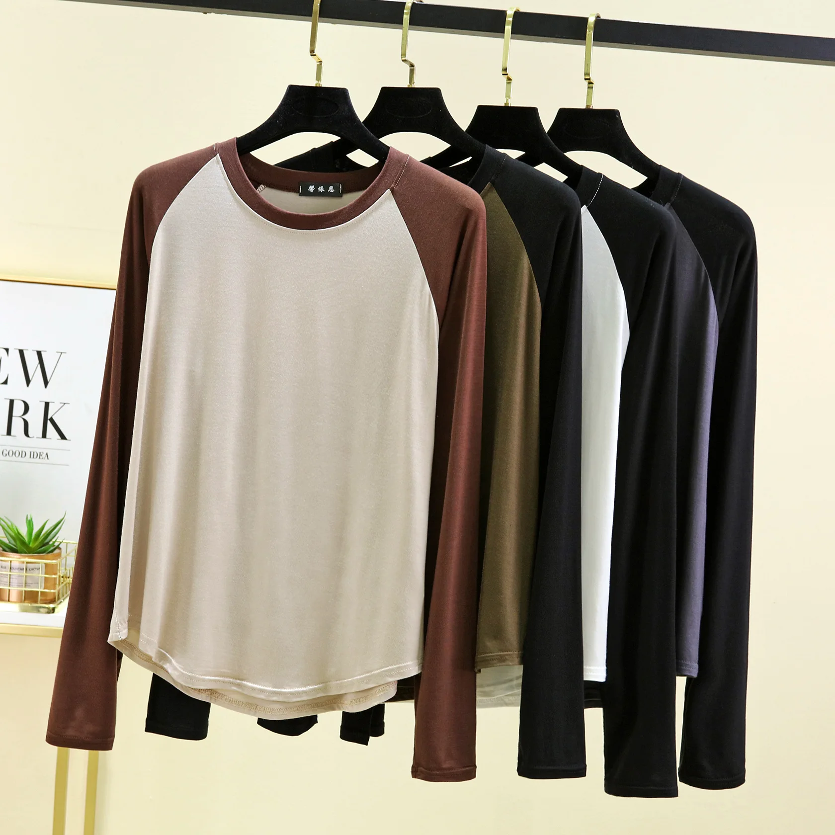 Simple-Contrast-color-Raglan-sleeves-Tshirt-Long-sleeves-Spring-Women-s ...