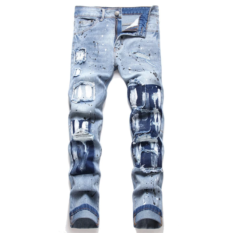 Punk-Style-Trend-Fashion-Blue-Ripped-Jeans-Stick-Cloth-Paint-Slim ...