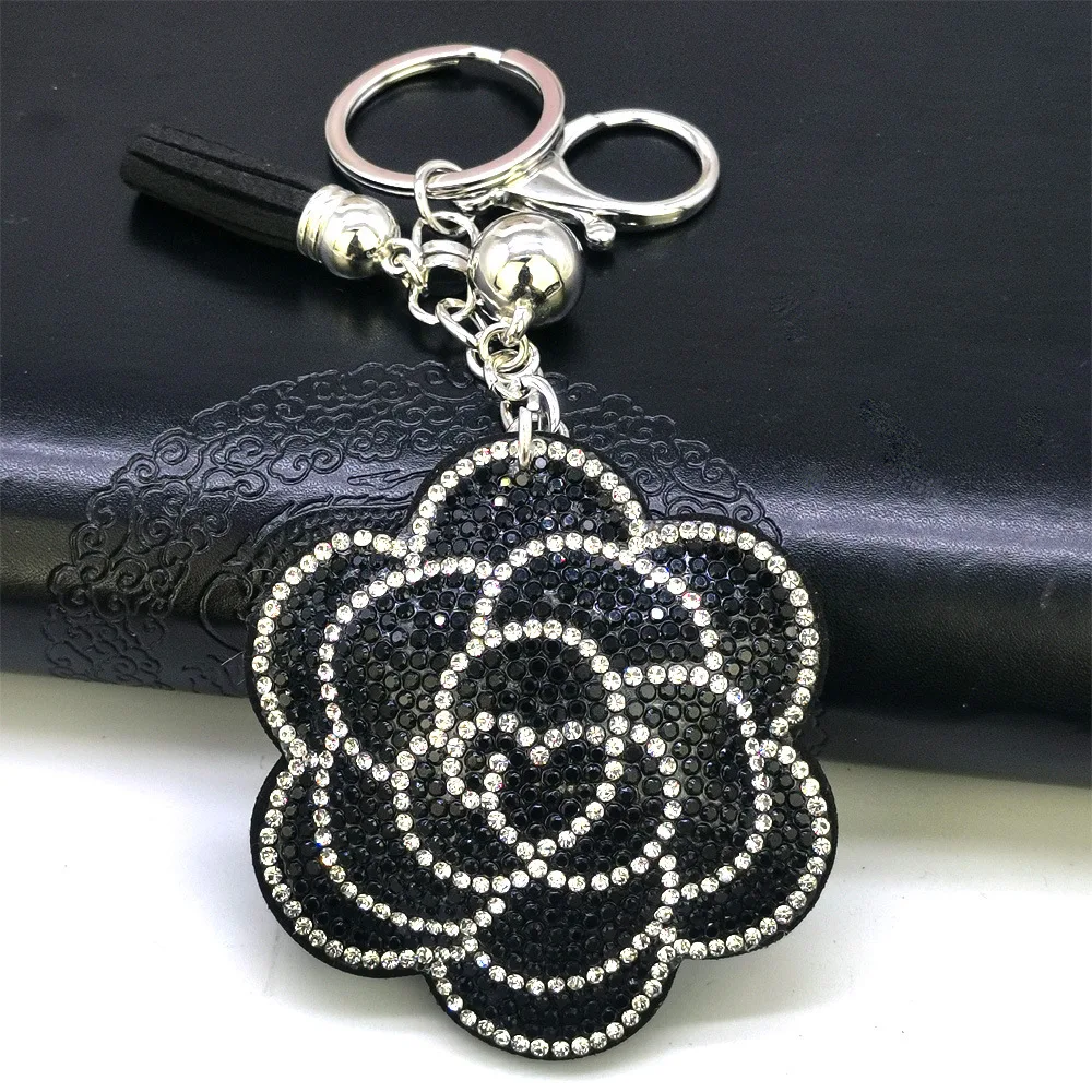 Diamond Crystal Leather Camellia Flower Metal Keychain For Women Car ...