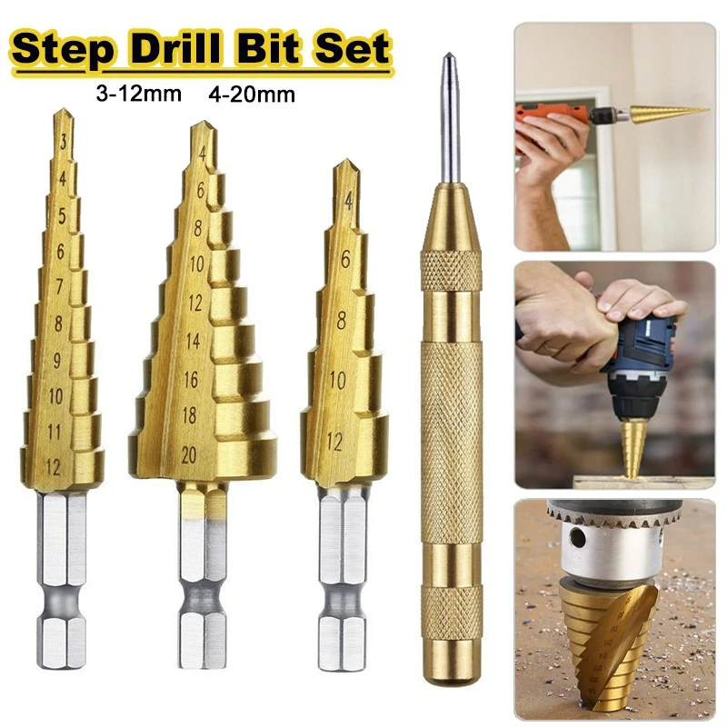 Step Drill Bit Set Woodworking Tools Titanium Coated Metal Wood Hole ...