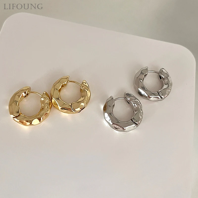 Round Hammered Metal Hoop Earrings For Women Punk Daily Fashion Jewelry ...