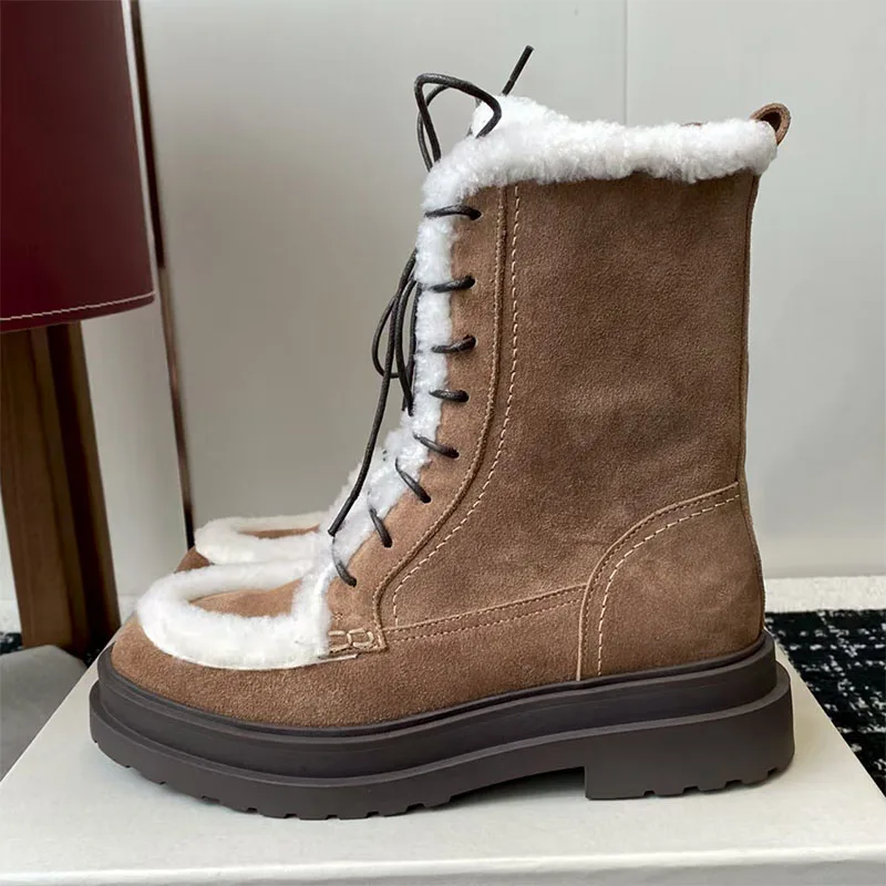 Round Toe Motorcycle Boots Woman Suede Leather Lace-up Knight Boots ...